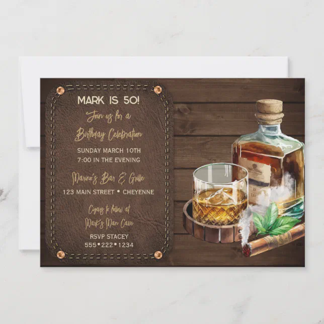Masculine Bourbon Whiskey Cigars Wood Leather Invitation | Zazzle