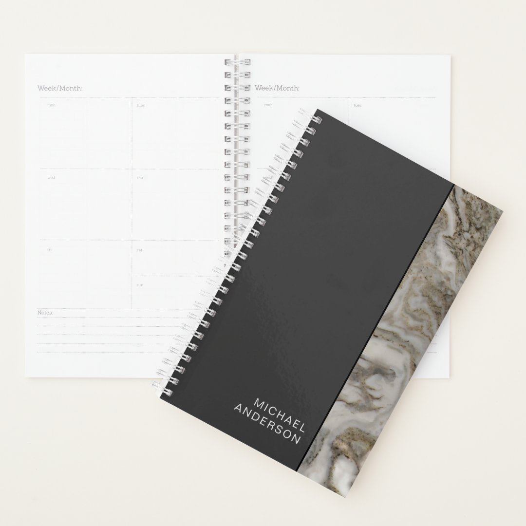 Masculine Look Flat Black and Marble Edge Planner | Zazzle