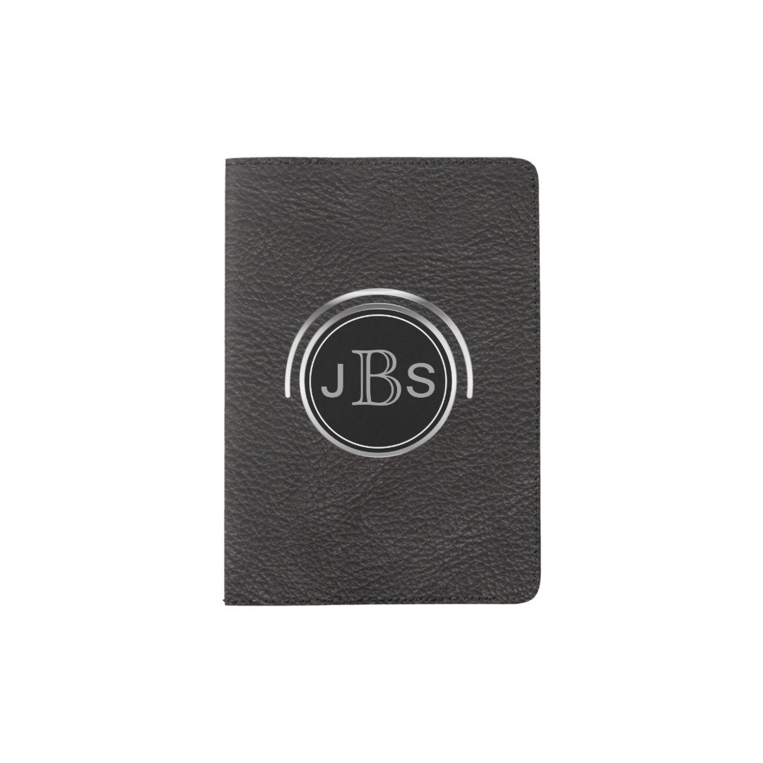 Masculine Monogrammed | Silver Black Leather Look Passport Holder | Zazzle