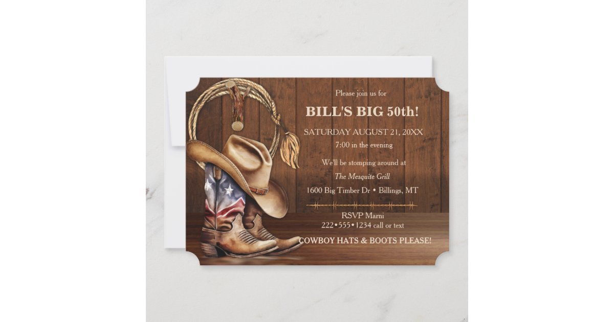 Masculine Rustic Cowboy Hat Boots Wood Western Invitation | Zazzle