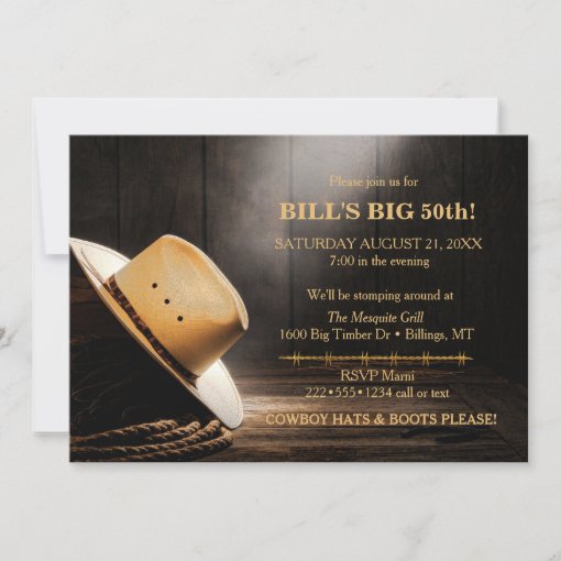 Masculine Rustic Cowboy Hat Rope Wood Western Invitation | Zazzle