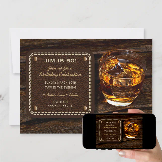 Masculine Whiskey Scotch Wood Leather Invitation | Zazzle