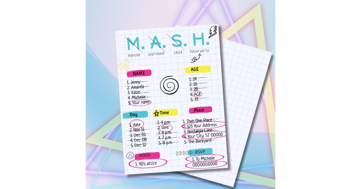 MASH Game, 90s Party Invitation | Zazzle