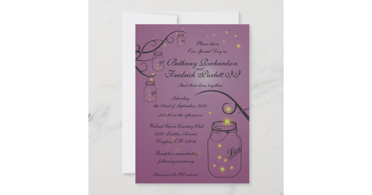 Mason Jar and Fireflies - Purple and Pistachio Invitation | Zazzle