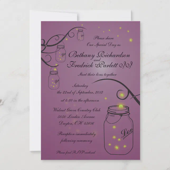 Mason Jar and Fireflies - Purple and Pistachio Invitation | Zazzle