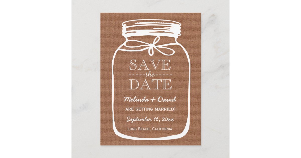 Mason Jar Brown Burlap Save the Date Wedding A08 Announcement Postcard ...