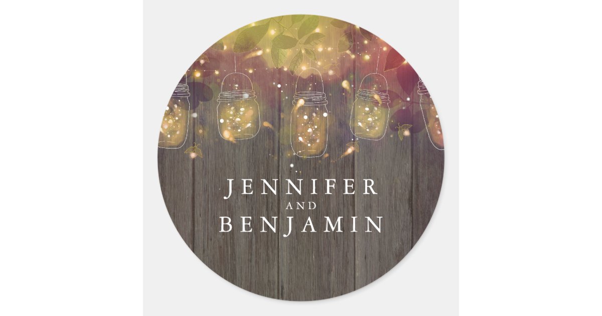 Mason Jar Fireflies Rustic Wedding Classic Round Sticker | Zazzle
