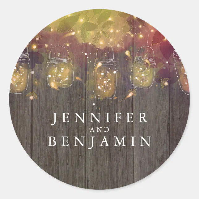 Mason Jar Fireflies Rustic Wedding Classic Round Sticker | Zazzle