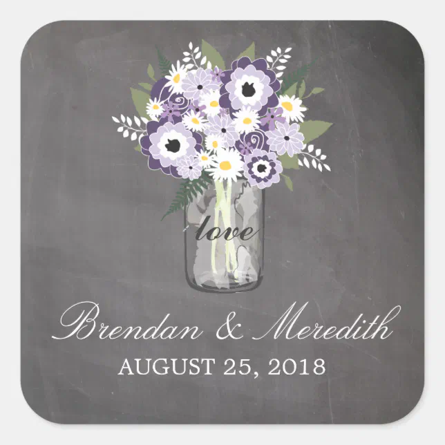 Mason Jar Floral Wedding Square Sticker | Zazzle