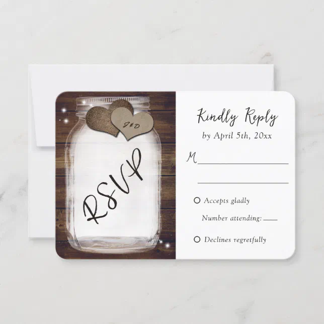 Mason Jar Rustic Country Wood Burlap Heart Wedding RSVP Card | Zazzle
