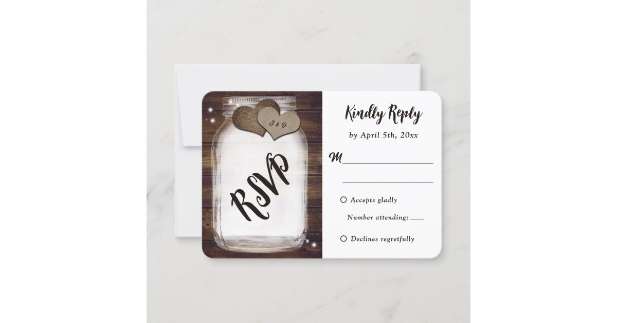 Mason Jar Rustic Country Wood Burlap Heart Wedding RSVP Card | Zazzle