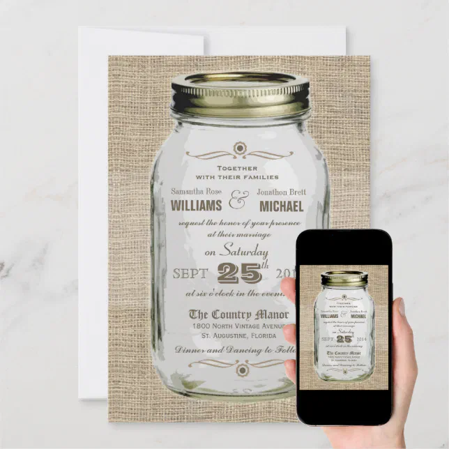 Mason Jar Rustic Vintage Look Wedding Invitation | Zazzle