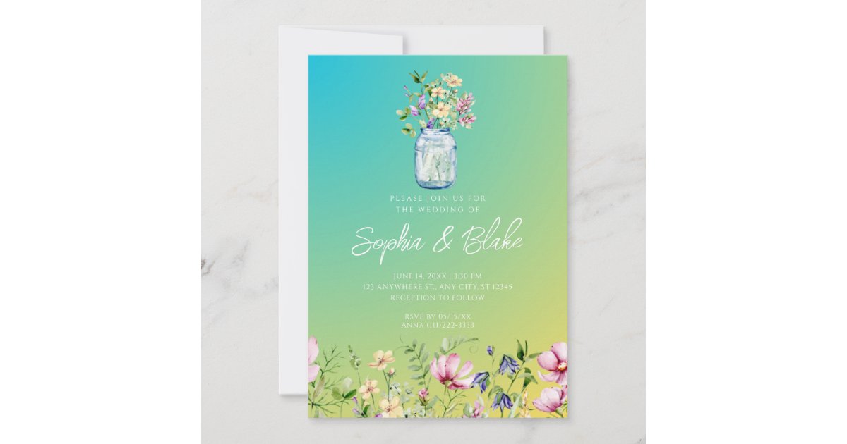 Mason Jar Wildflowers Rustic Ombre Green Wedding Invitation | Zazzle