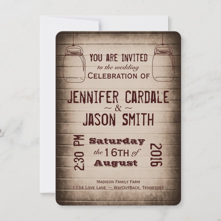 Mason Jars Rustic Country Wood Wedding Invitations | Zazzle
