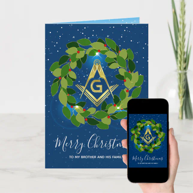 Masonic Christmas Cards | Navy Gold Holiday Wreath | Zazzle