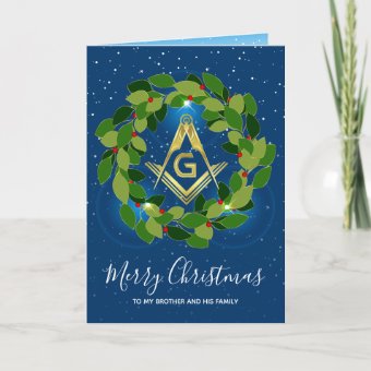 Masonic Christmas Cards | Navy Gold Holiday Wreath | Zazzle