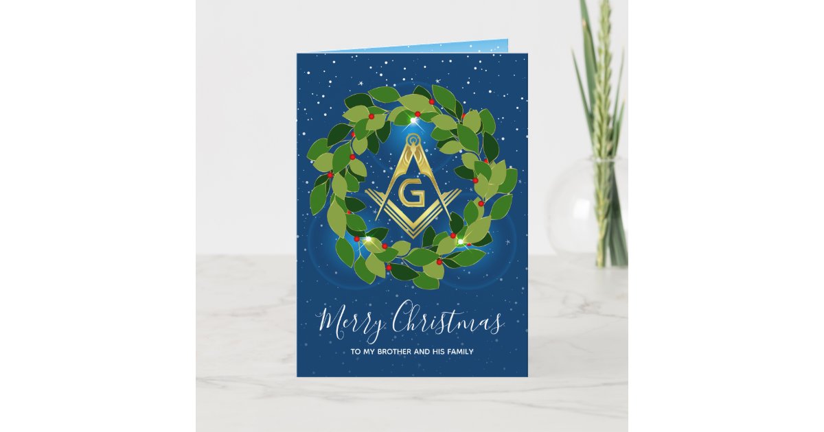 Masonic Christmas Cards | Navy Gold Holiday Wreath | Zazzle