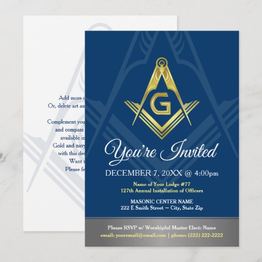 Masonic Invitations | Navy Blue and Gold Freemason | Zazzle