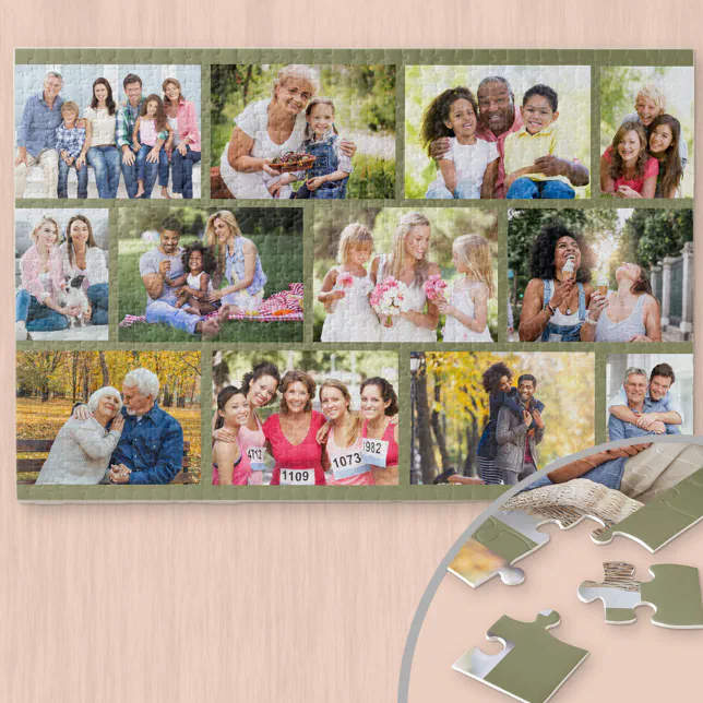 Masonry Grid Family Photo Collage Green Jigsaw Puzzle | Zazzle