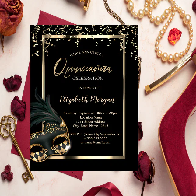 Masque,Frame,Confetti Masquerade Quinceañera Invitation | Zazzle