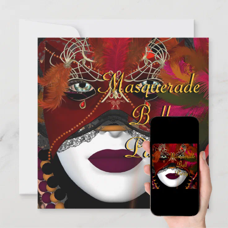 Masquerade Ball Party Mask Black Red 2 Invitation | Zazzle