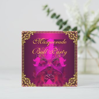 Masquerade Ball Party Masks Gold Deep Pink Invitation | Zazzle