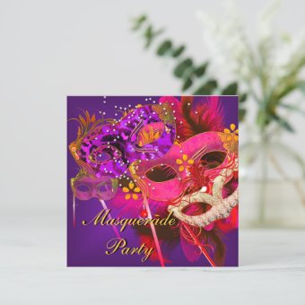 Masquerade Ball Party Pink Orange Purple Masked Invitation | Zazzle