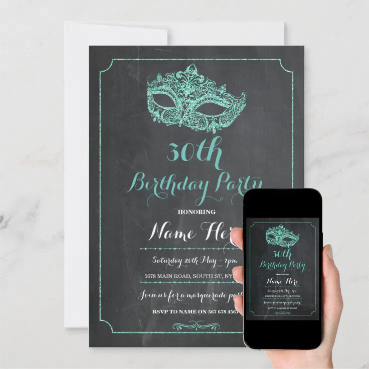 MASQUERADE Birthday Party Mint Mask Invite 40th 30 | Zazzle