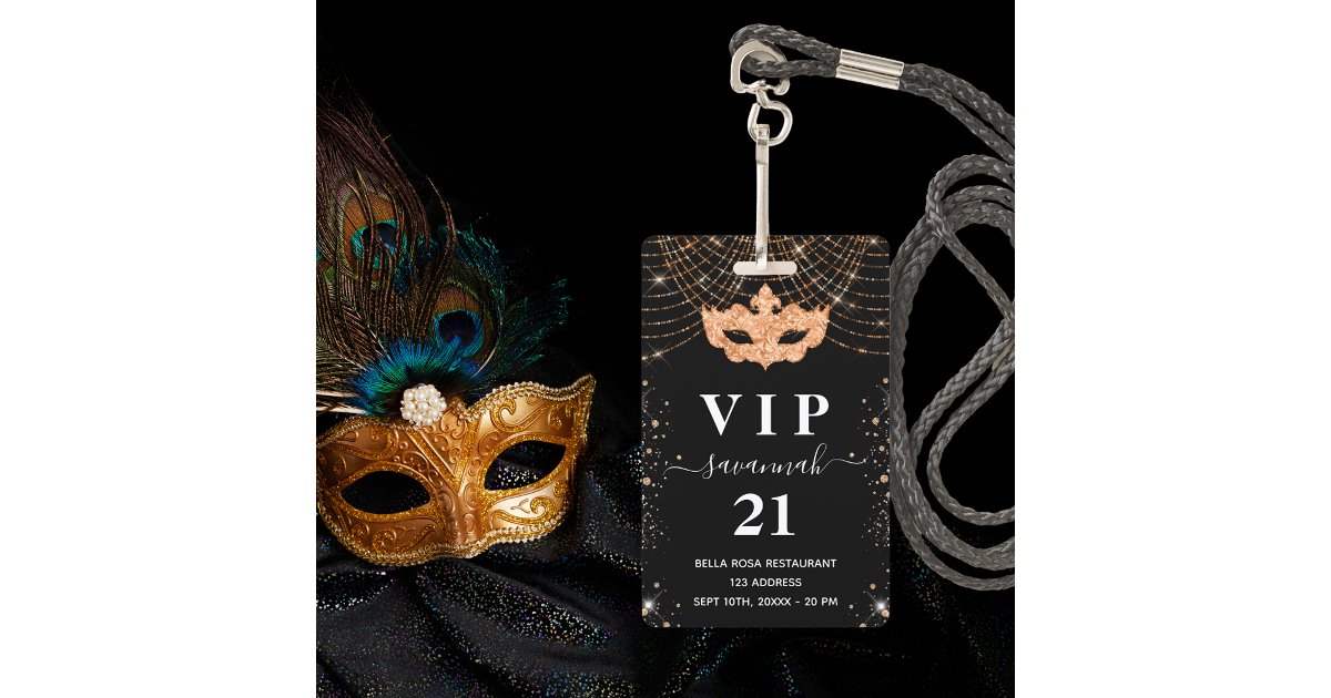 Masquerade black gold glitter vip invitation badge | Zazzle