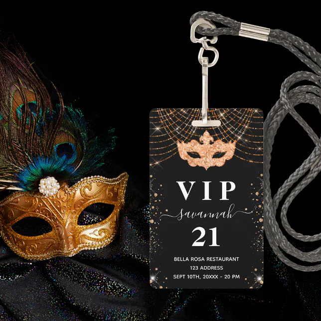 Masquerade black gold glitter vip invitation badge | Zazzle