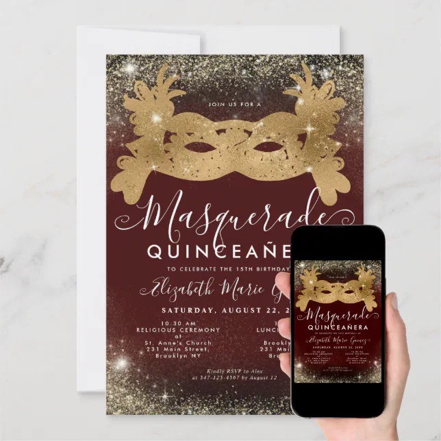 Masquerade Burgundy Red Gold Glitter Quinceanera Invitation | Zazzle