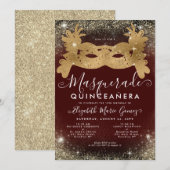 Masquerade Burgundy Red Gold Glitter Quinceanera Invitation | Zazzle