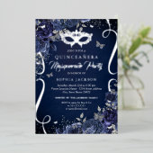 Masquerade Butterfly Navy Silver Quinceanera Foil Invitation | Zazzle