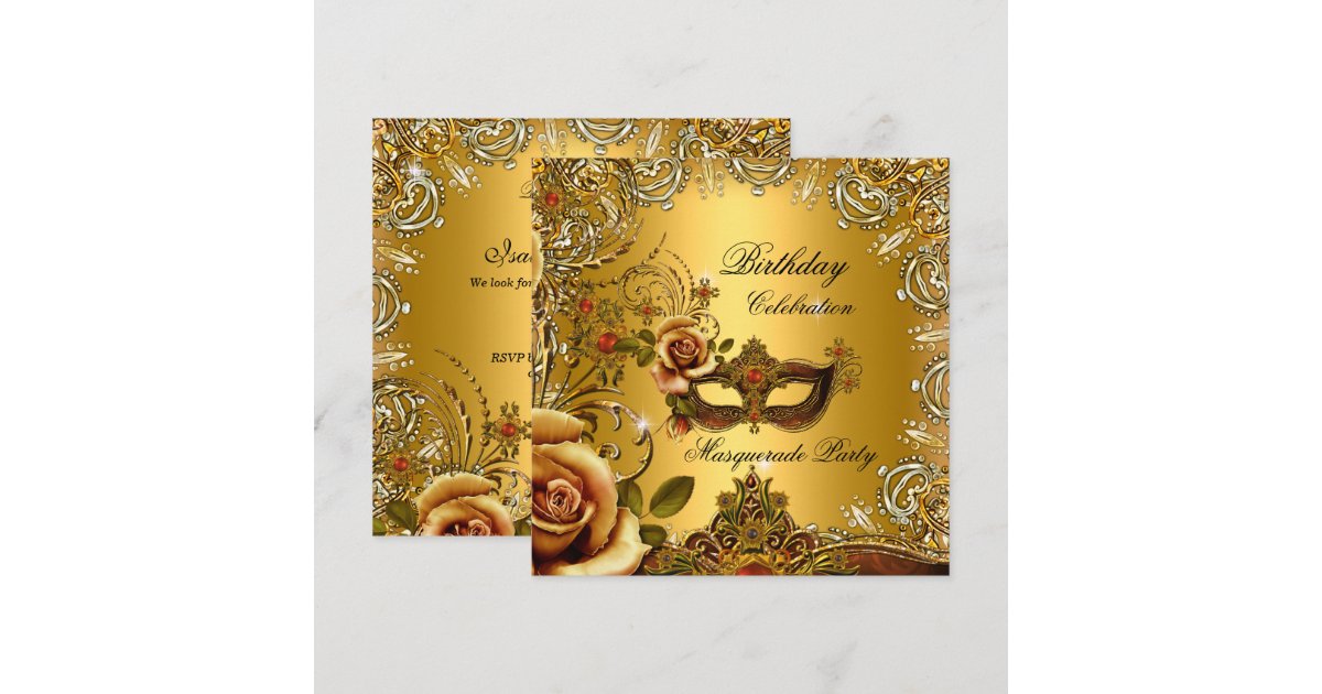 Masquerade Gold Mask Birthday Party Invitation | Zazzle
