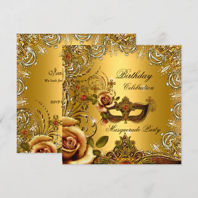 Masquerade Gold Mask Birthday Party Invitation | Zazzle