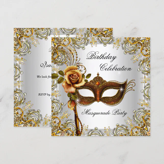 Masquerade Gold Mask Birthday Party Invitation | Zazzle