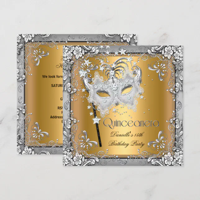 Masquerade Gold Silver Quinceanera 15th Party Invitation | Zazzle