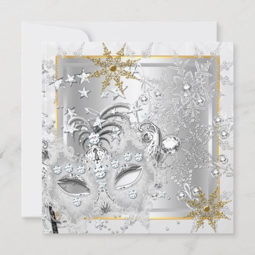 Masquerade Gold Snowflakes Silver Masks Party 2 Invitation | Zazzle