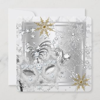 Masquerade Gold Snowflakes Silver Masks Party Invitation | Zazzle