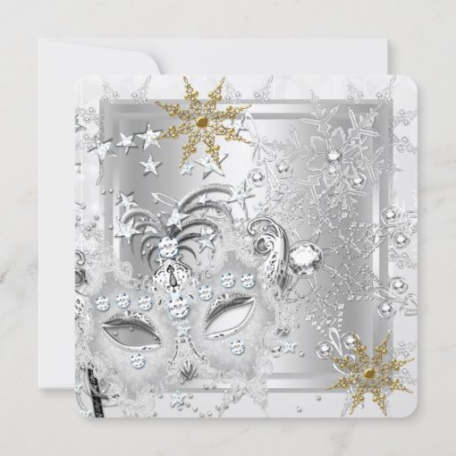 Masquerade Gold Snowflakes Silver Masks Party Invitation | Zazzle