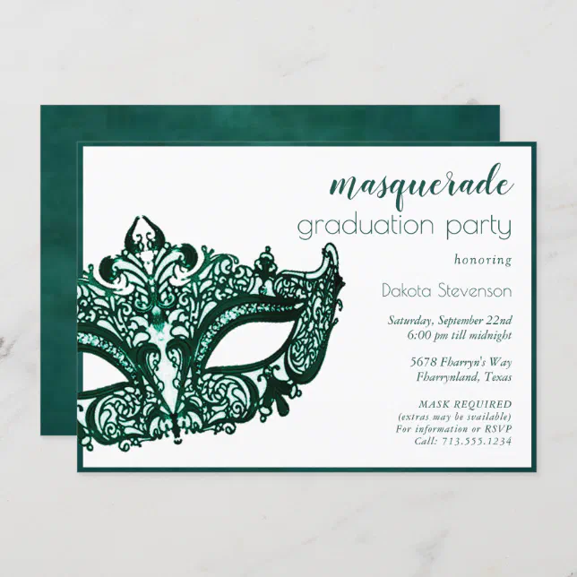 Masquerade Green Mask | Vibrant Emerald Graduation Invitation | Zazzle