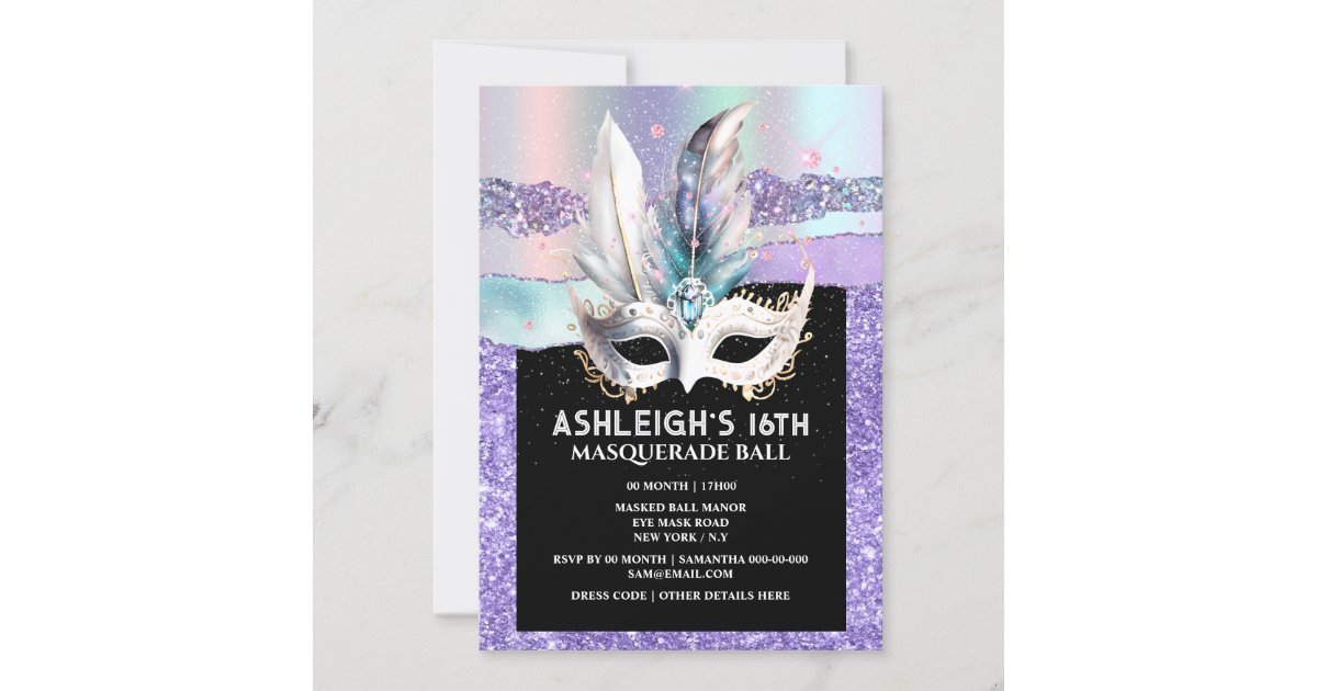 masquerade iridescent Venetian mask girly glam Invitation | Zazzle