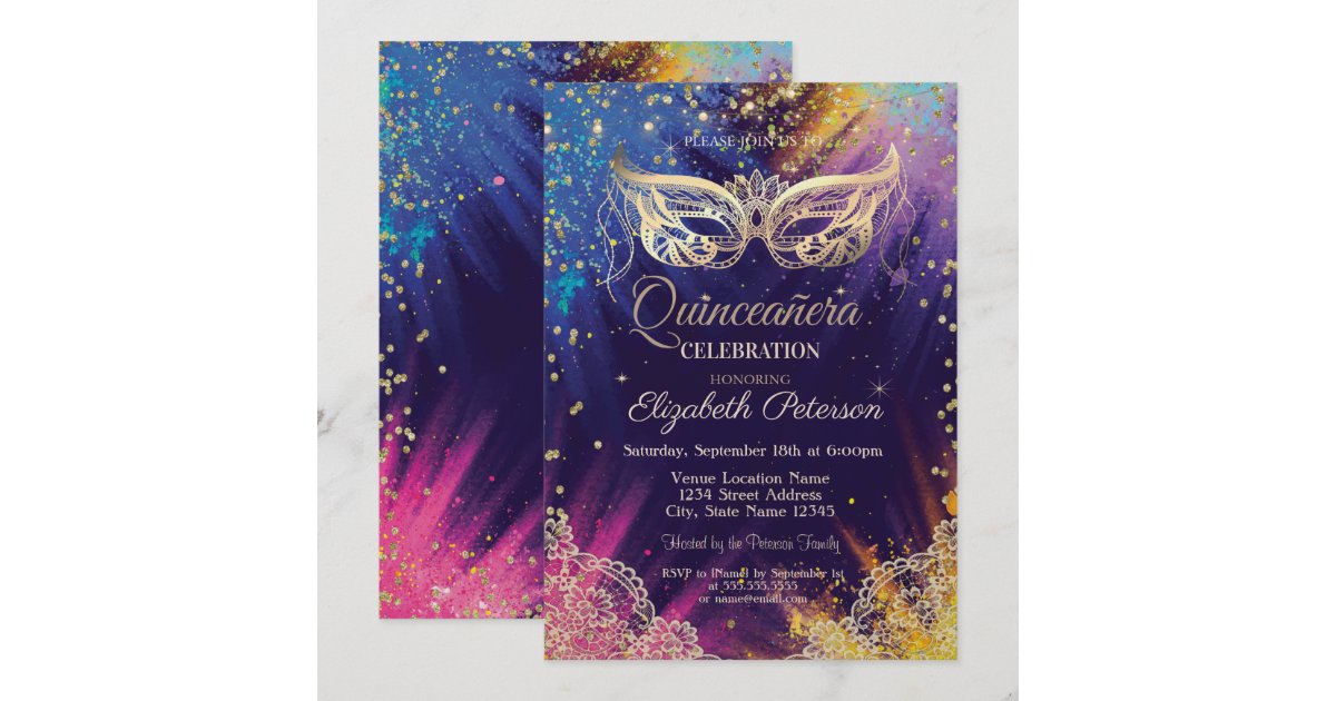 Masquerade, Lace,Paint Splash Quinceañera Invitation | Zazzle