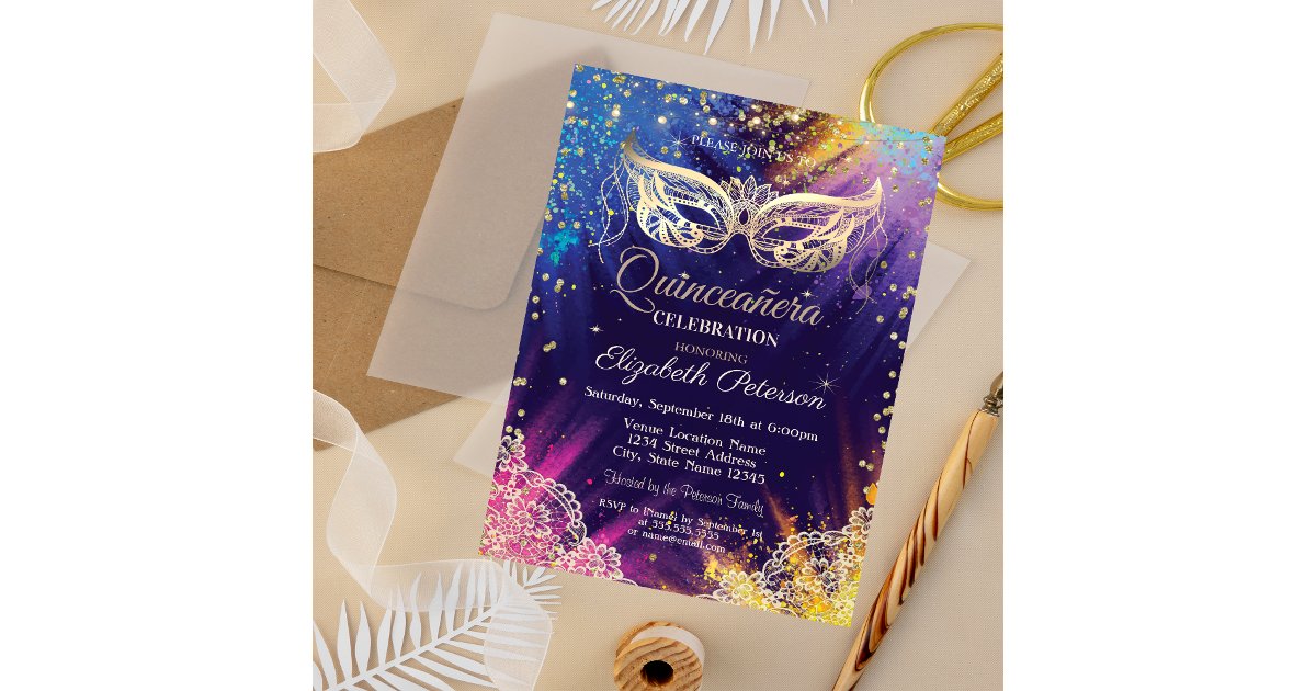 Masquerade, Lace,Paint Splash Quinceañera Invitation | Zazzle