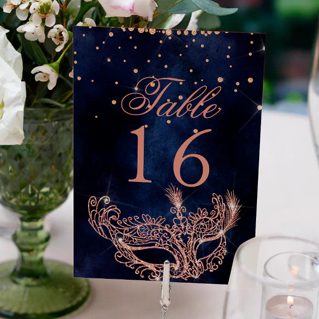 Masquerade mask elegant rose gold glitter sparkles table number | Zazzle