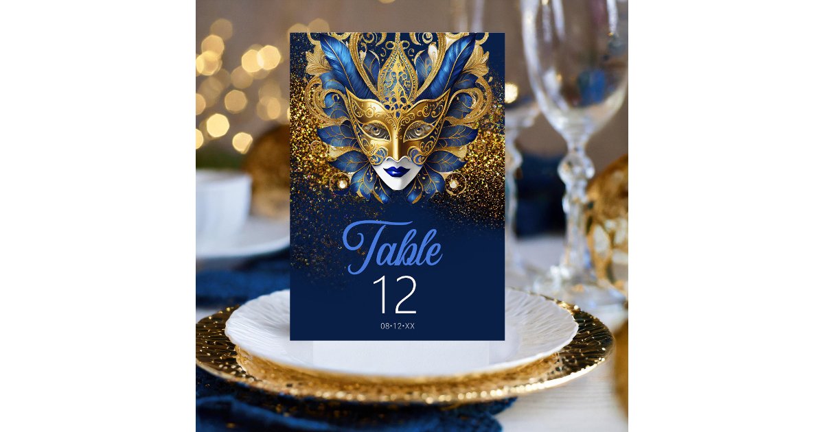 Masquerade Mask Motif Blue Gold ID1031 Table Number | Zazzle