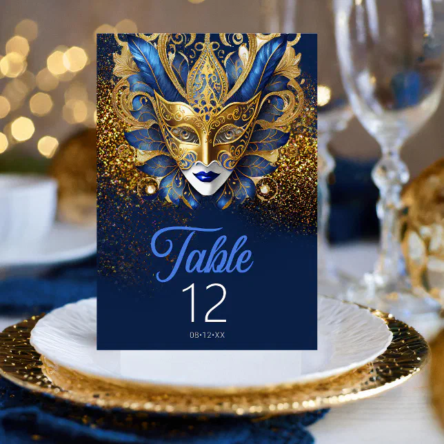 Masquerade Mask Motif Blue Gold ID1031 Table Number | Zazzle