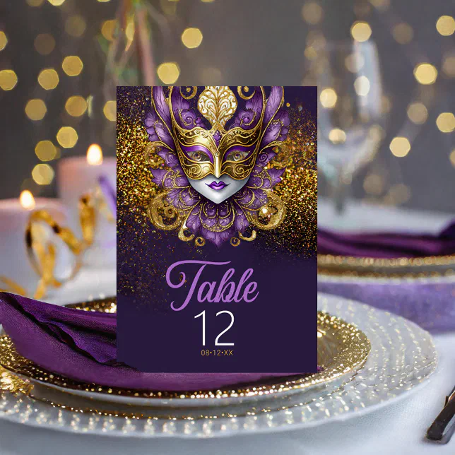 Masquerade Mask Motif Purple Gold ID1031 Table Number | Zazzle