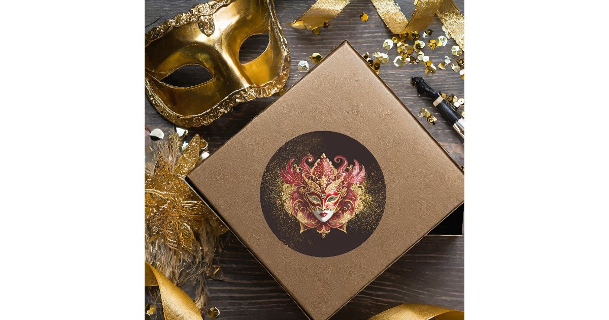 Masquerade Mask Motif Red Gold ID1031 Classic Round Sticker | Zazzle