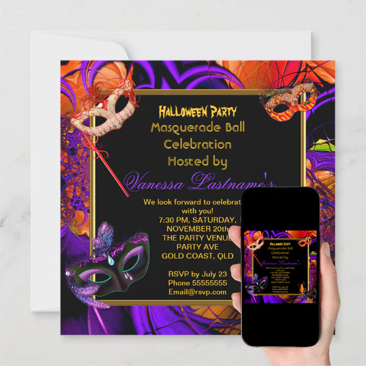Masquerade Masked Halloween Purple Orange Party Invitation | Zazzle